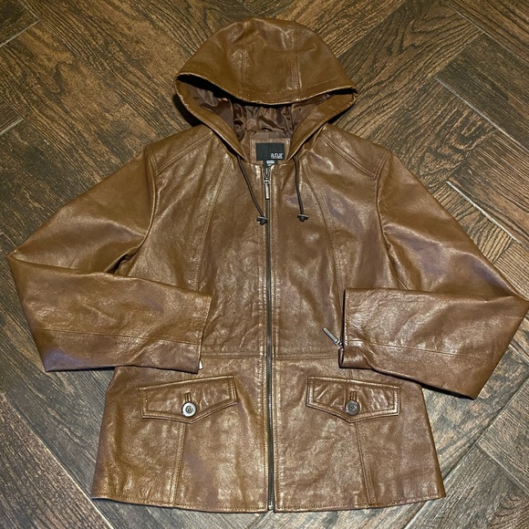 a.n.a | Jackets & Coats | Brown Genuine Leather Jacket With Hood | Poshmark
